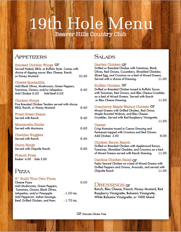 19th Hole Menu - Beaver Hills Country Club